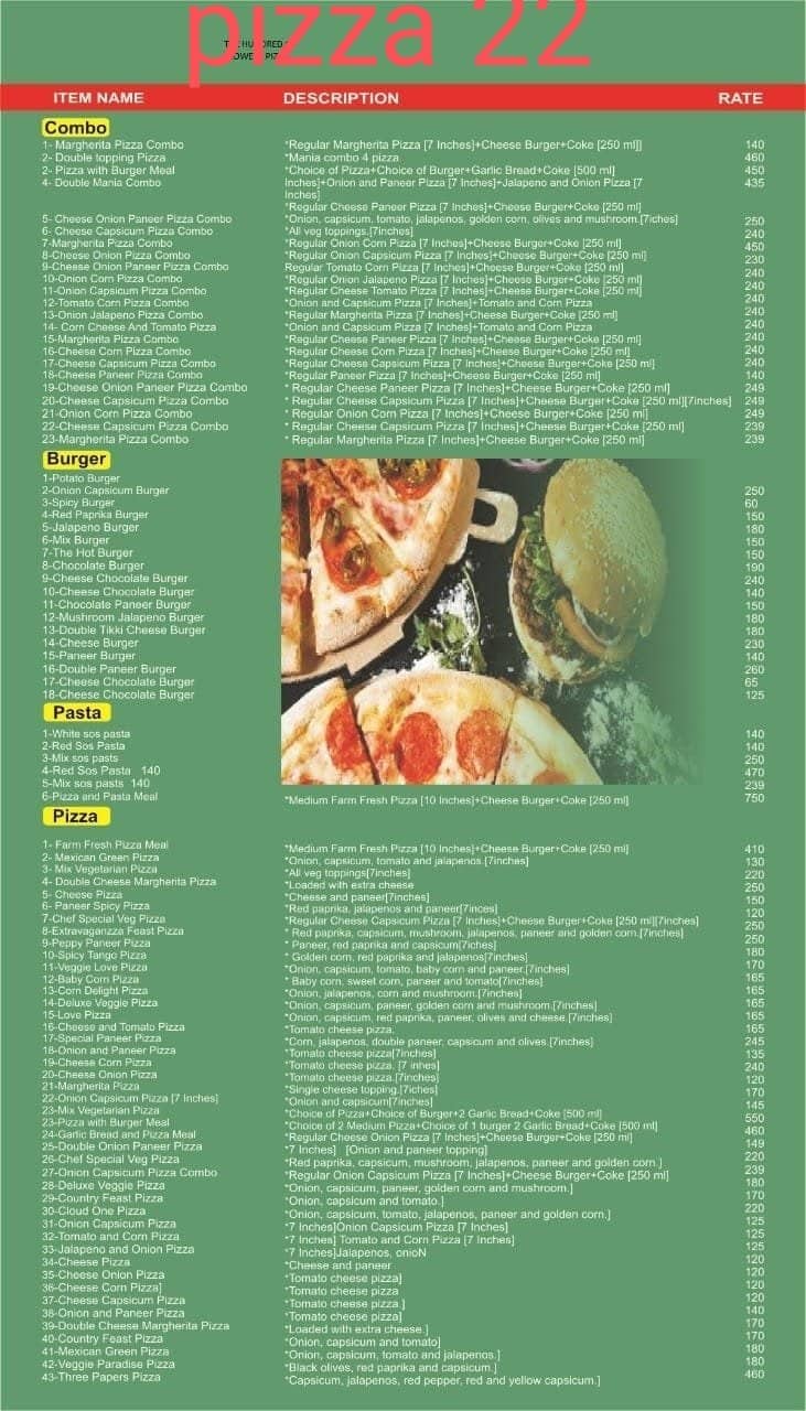 Menu of Pizza 22, Khora Colony, Noida