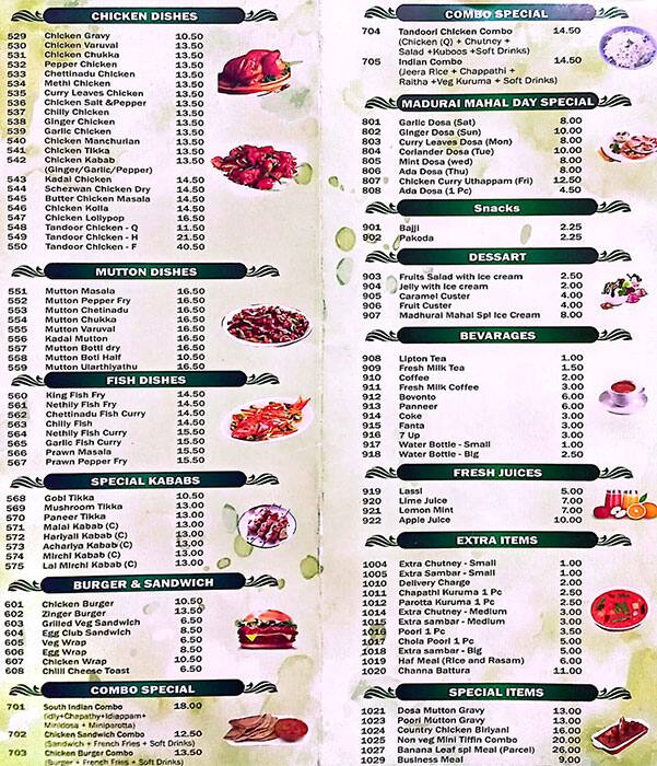 Menu at Madhurai Mahal fast food, Dubai, France-P Street