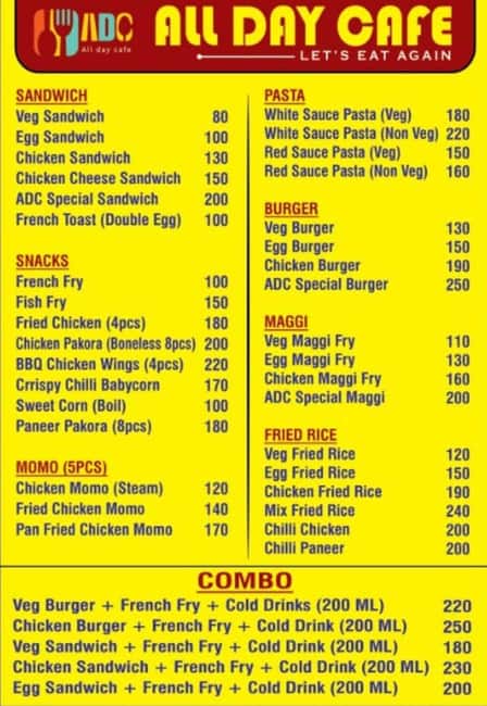 Menu of All Day Cafe, Sodepur, Kolkata