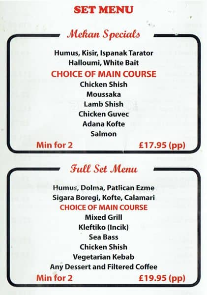 Menu at Mekan restaurant, Purley, Purley Parade