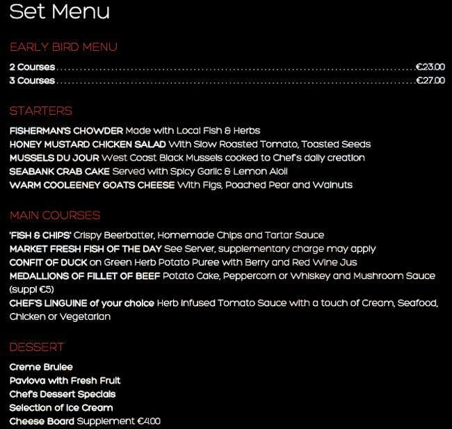 Menu at Seabank Bistro restaurant, Malahide