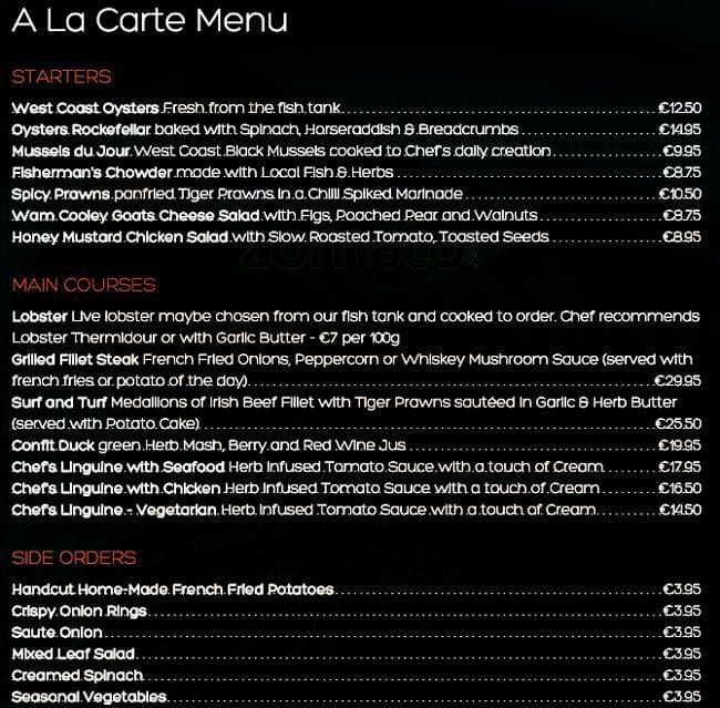 Menu at Seabank Bistro restaurant, Malahide