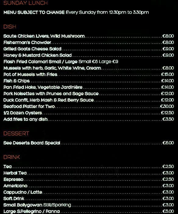 Menu at Seabank Bistro restaurant, Malahide