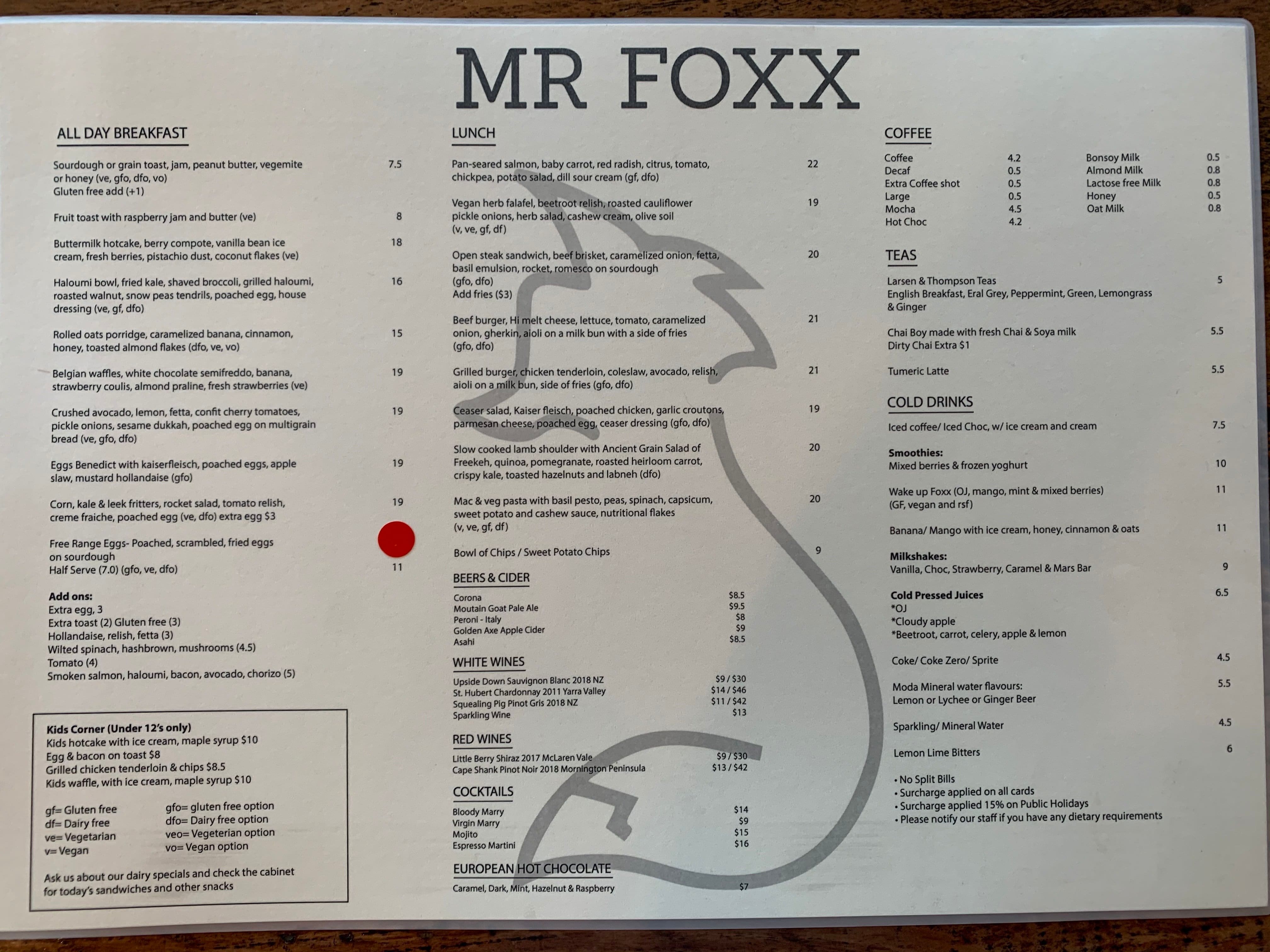 Menu at Mr Foxx restaurant, Glen Iris