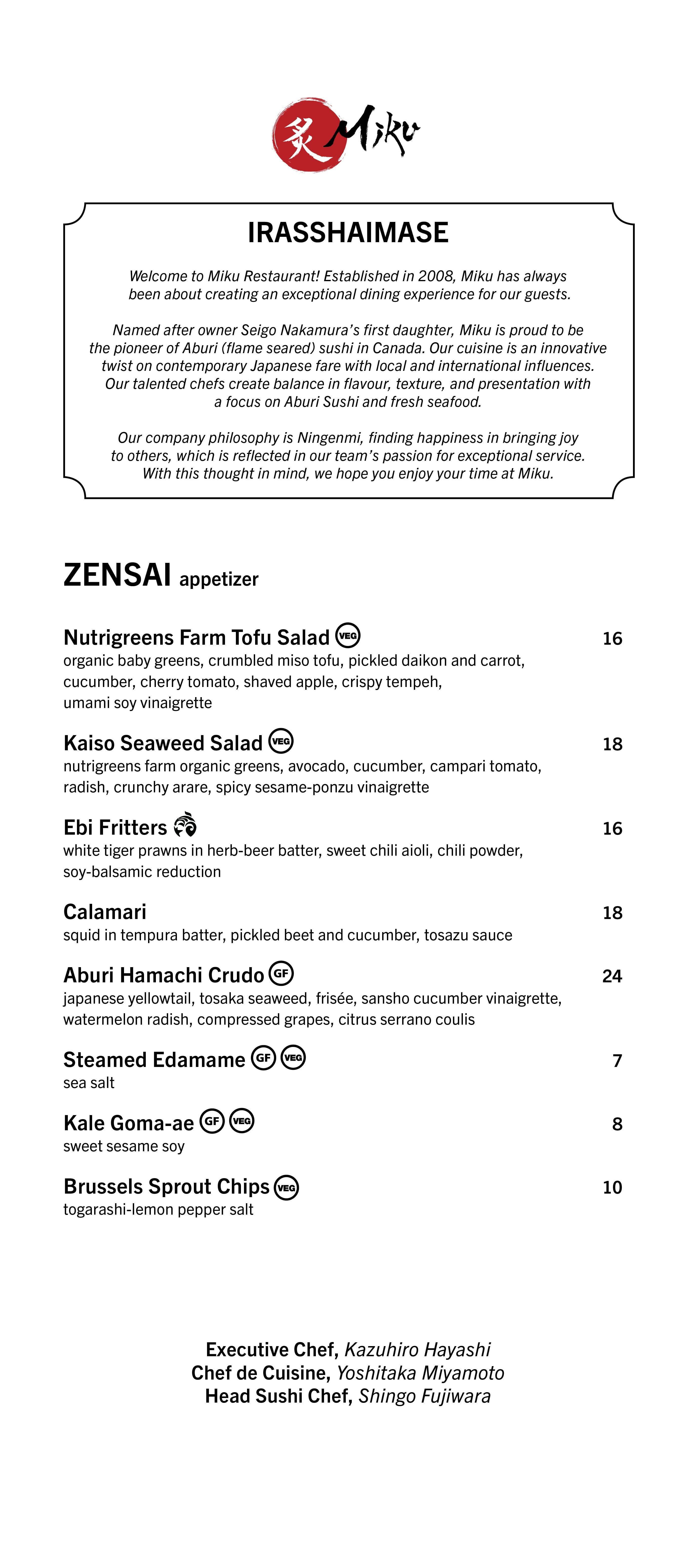 Menu at Miku Japanese Restaurant, Vancouver