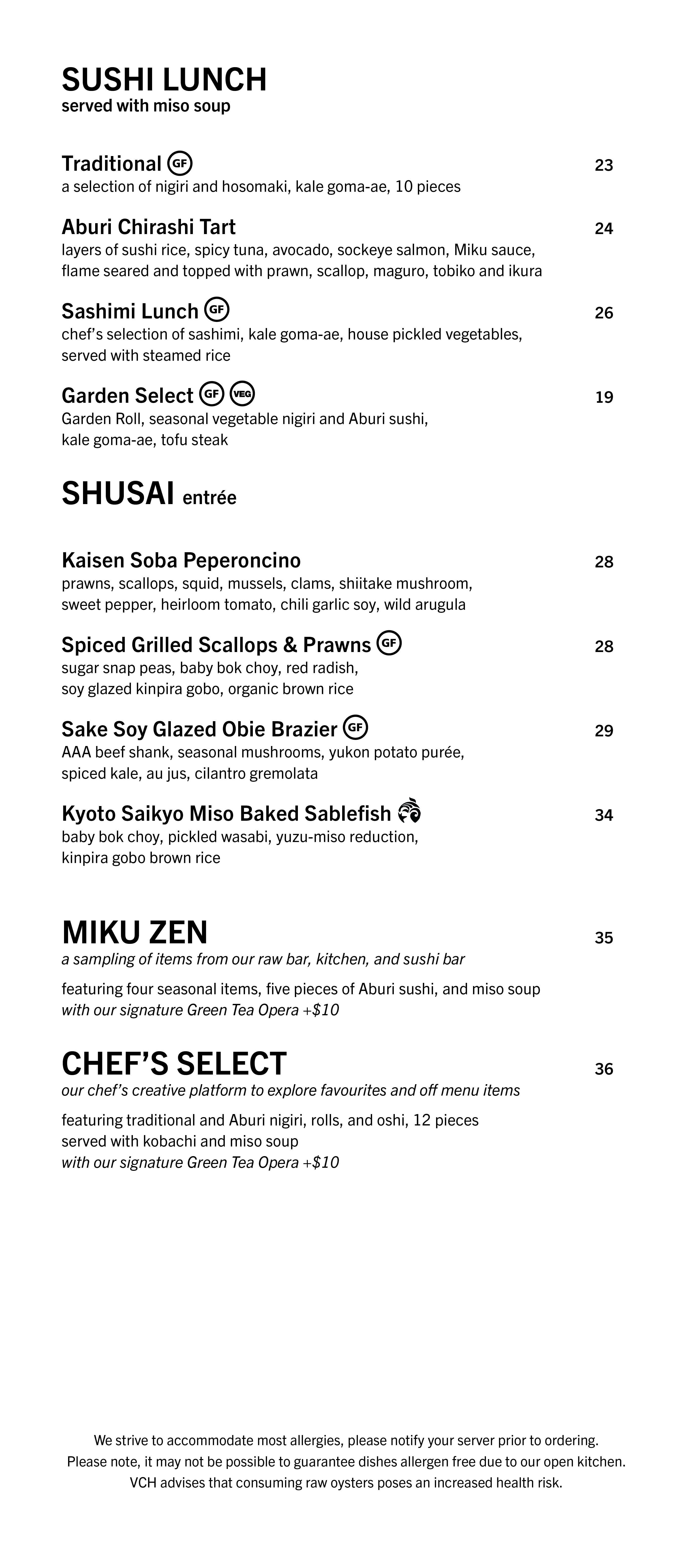 Menu at Miku Japanese Restaurant, Vancouver