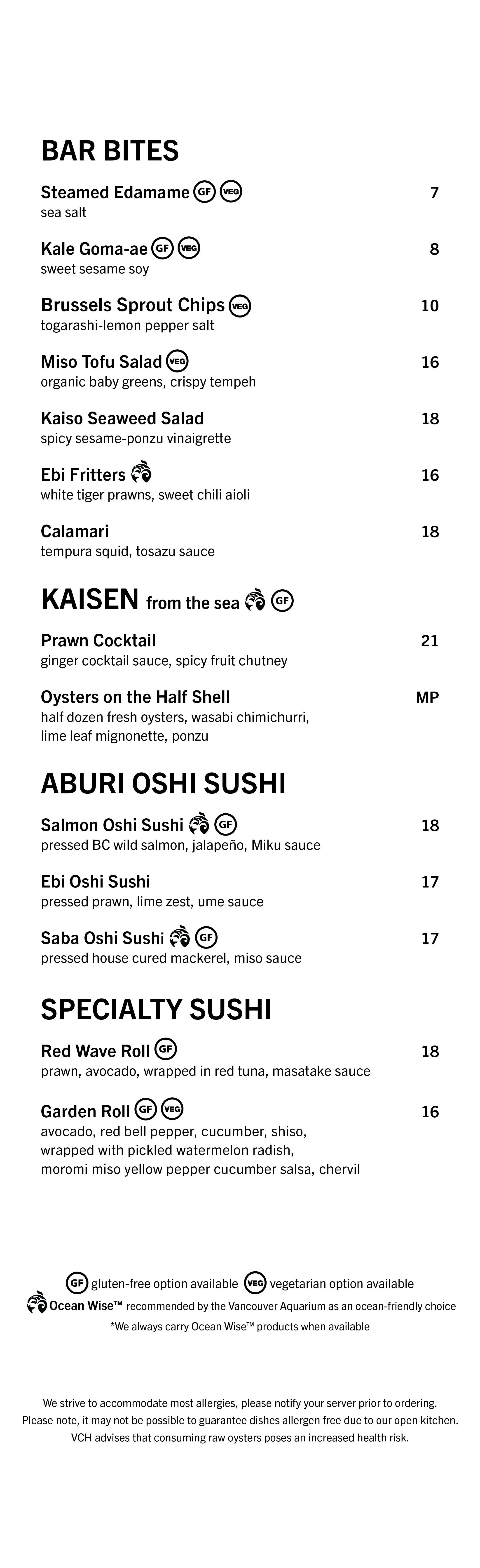 Menu at Miku Japanese Restaurant, Vancouver