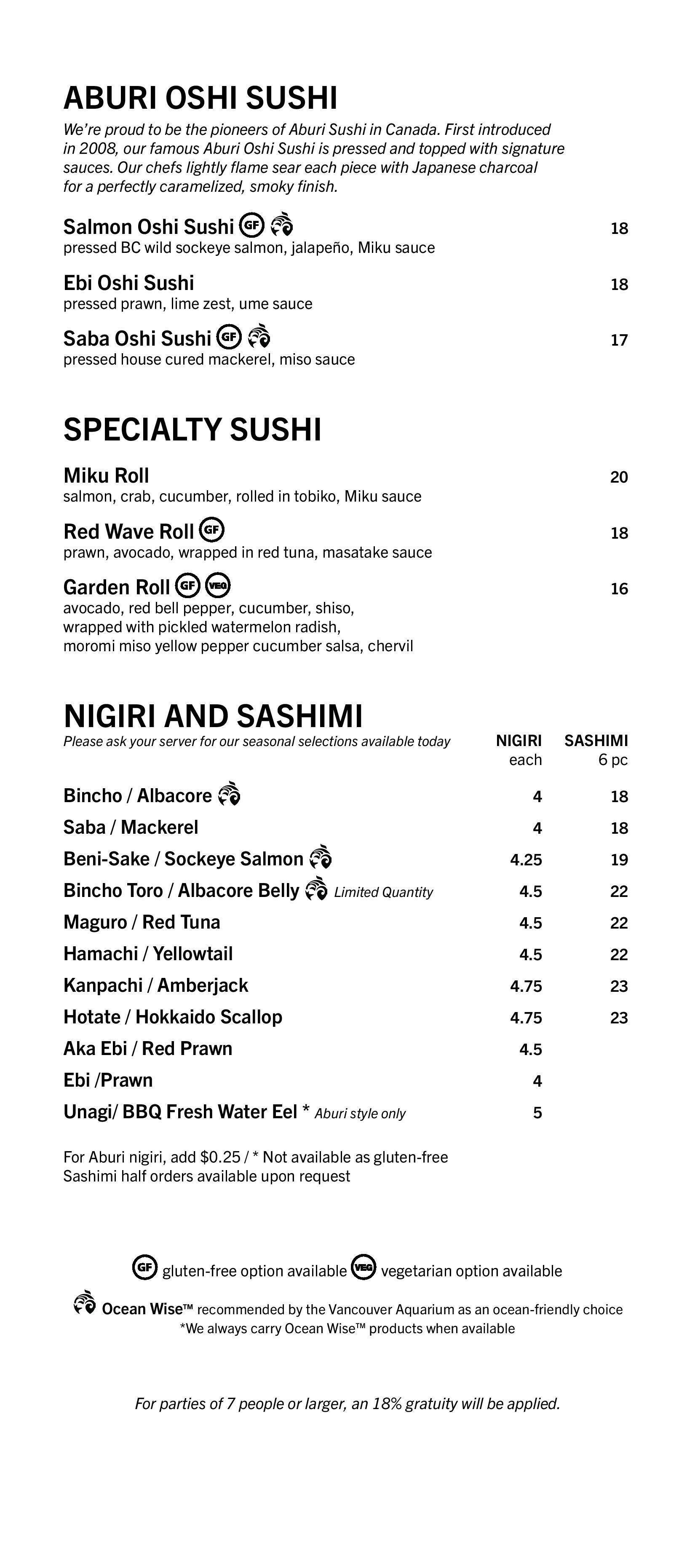 Menu at Miku Japanese Restaurant, Vancouver