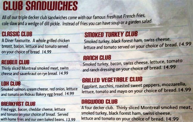 Menu at Elgin Street Diner restaurant, Ottawa, 374 Elgin St