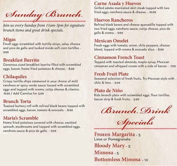 Menu at Maria Maria restaurant, Walnut Creek