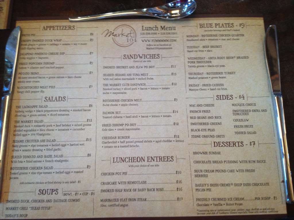 Menu at Market 104 Restaurant, Shreveport