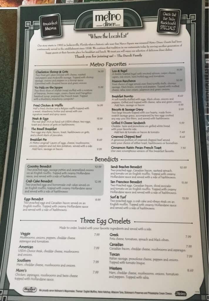 Metro Diner Menu, Menu for Metro Diner, U.S. 1 South, St Augustine ...