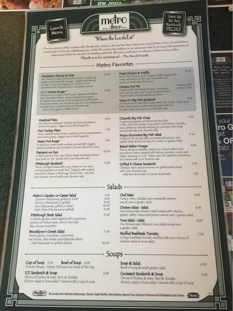 Menu at Metro Diner restaurant, St. Augustine