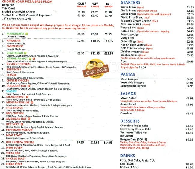 Menu at Pizza Hot Express pizzeria, Epsom, 37 The Broadway Stoneleigh