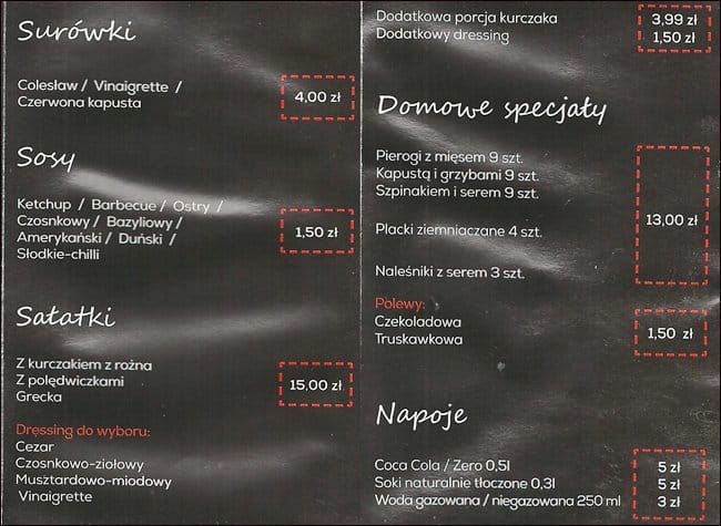Menu at Kura do Biura restaurant, Warsaw, al. Wilanowska 363