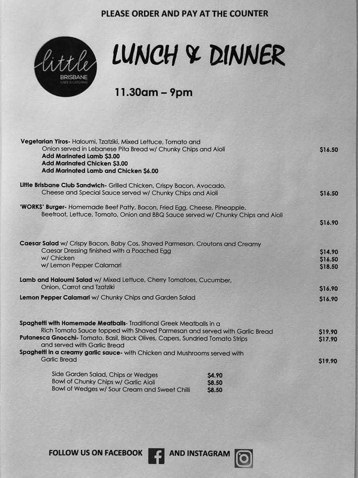 Menu at Little Brisbane cafe, Brisbane City