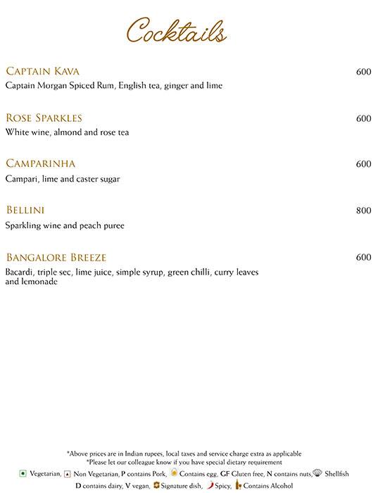 Menu at The Lobby Lounge - Shangri-La Hotel, Bengaluru