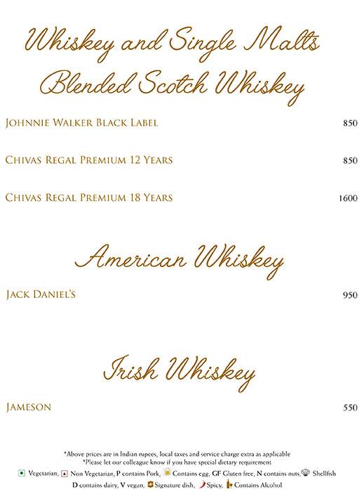 Menu at The Lobby Lounge - Shangri-La Hotel, Bengaluru