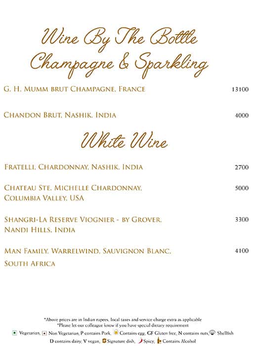 Menu at The Lobby Lounge - Shangri-La Hotel, Bengaluru