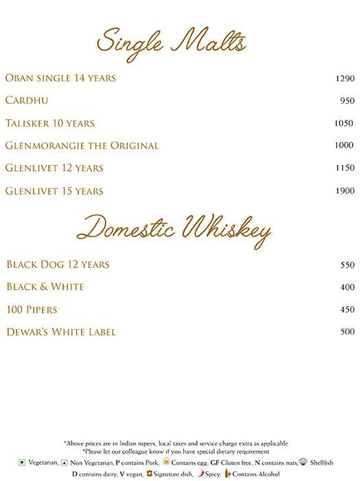 Menu at The Lobby Lounge - Shangri-La Hotel, Bengaluru