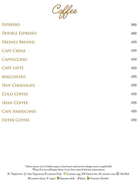 Menu at The Lobby Lounge - Shangri-La Hotel, Bengaluru