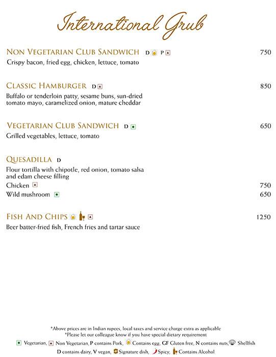 Menu at The Lobby Lounge - Shangri-La Hotel, Bengaluru