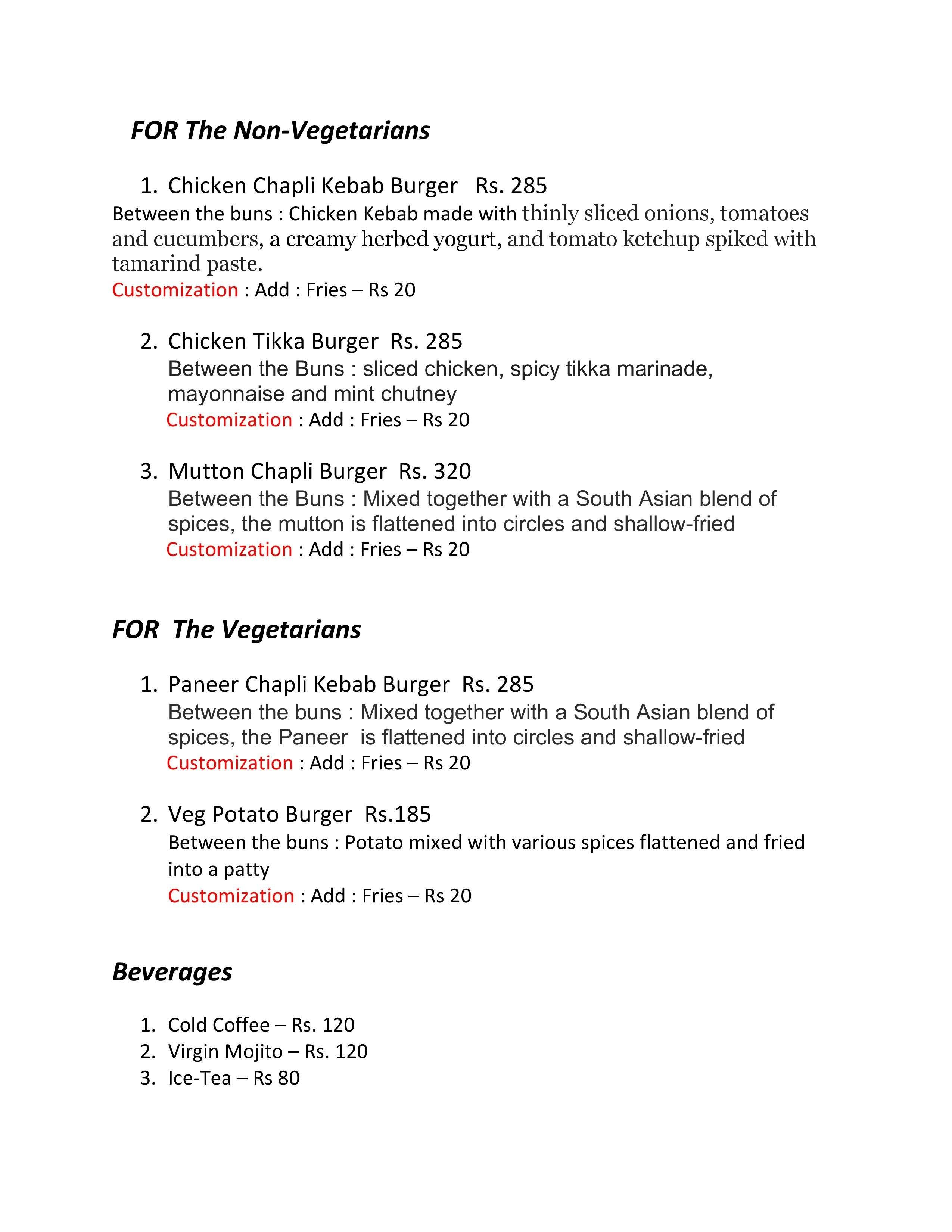 Menu of The Burger Factory, Science City Area, Kolkata