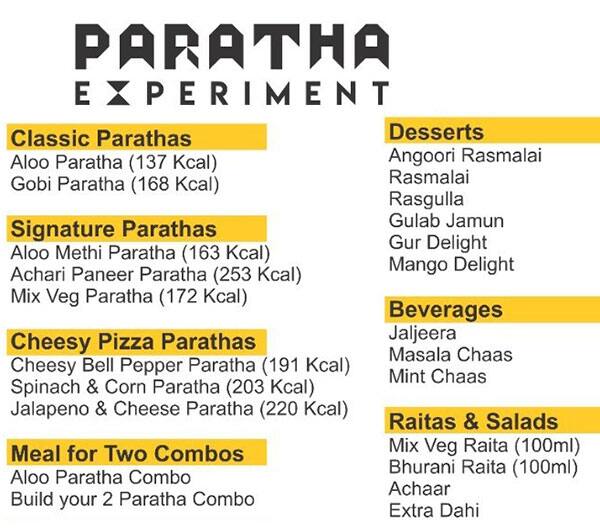 Menu at Paratha Experiment, Chennai, Plot 302