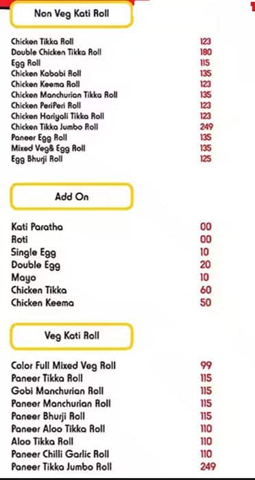 Menu of Roll N Roll, Kammanahalli, Bangalore