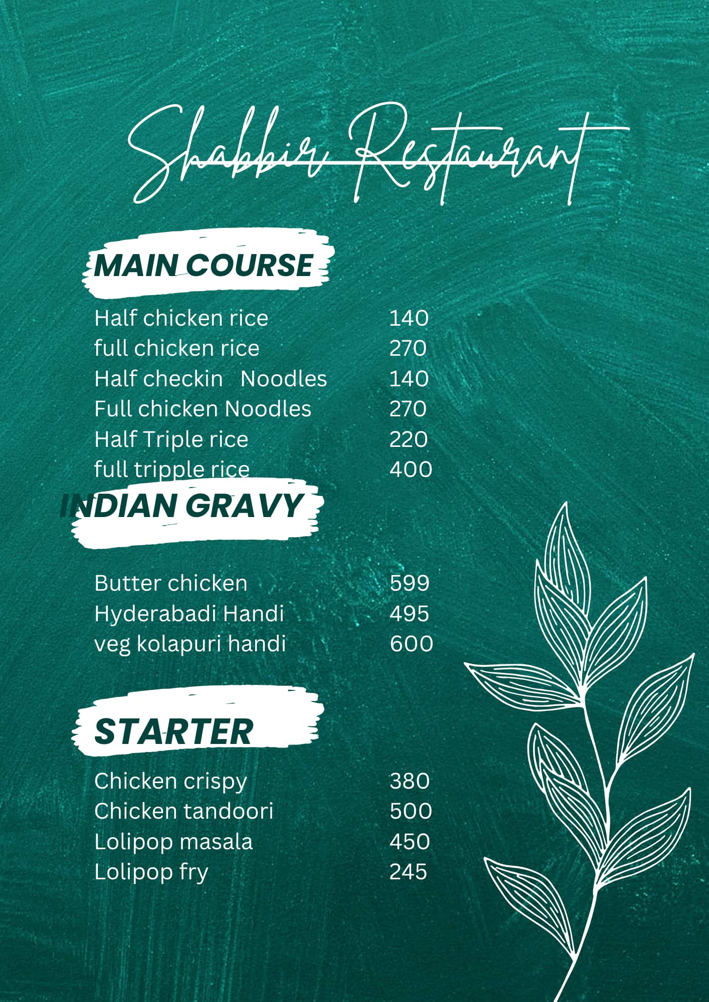 Menu of Shabbir Restaurant, Trombay, Mumbai