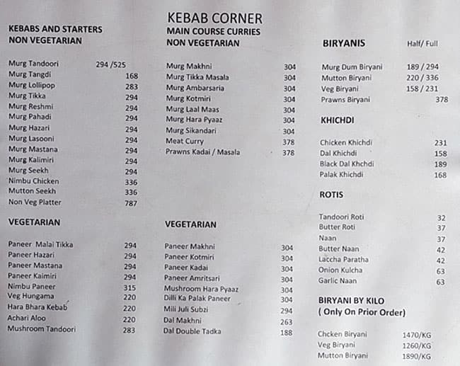 Menu of Kebab Corner, Mahakali, Mumbai