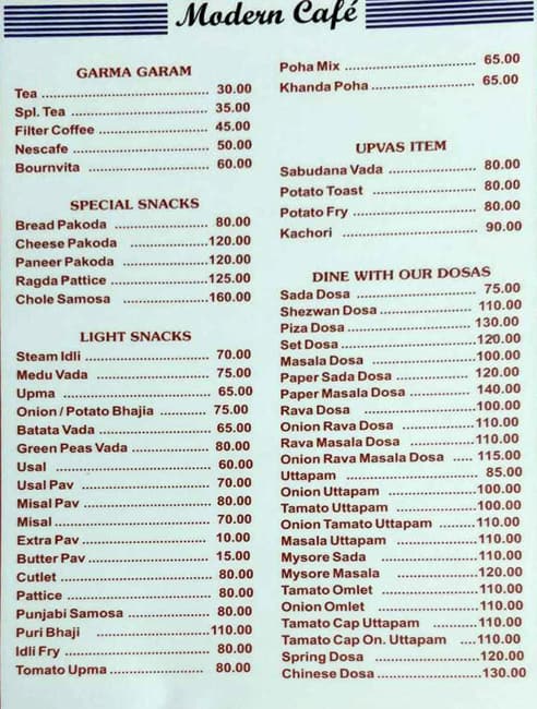 Menu at Modern Cafe, Mumbai, Lentin Chamber