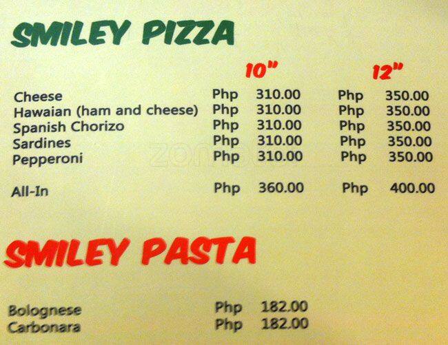 Menu at Smiley Pizza restaurant, Makati