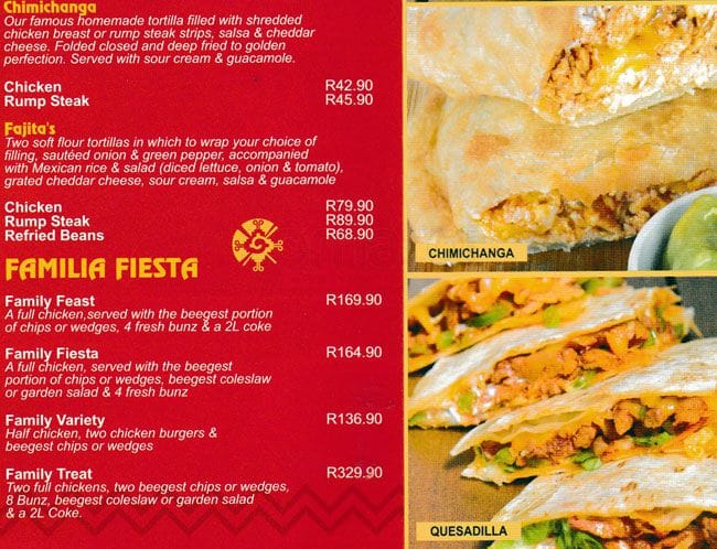 Menu au Mochachos restaurant, Le Cap, Eikestad Mall