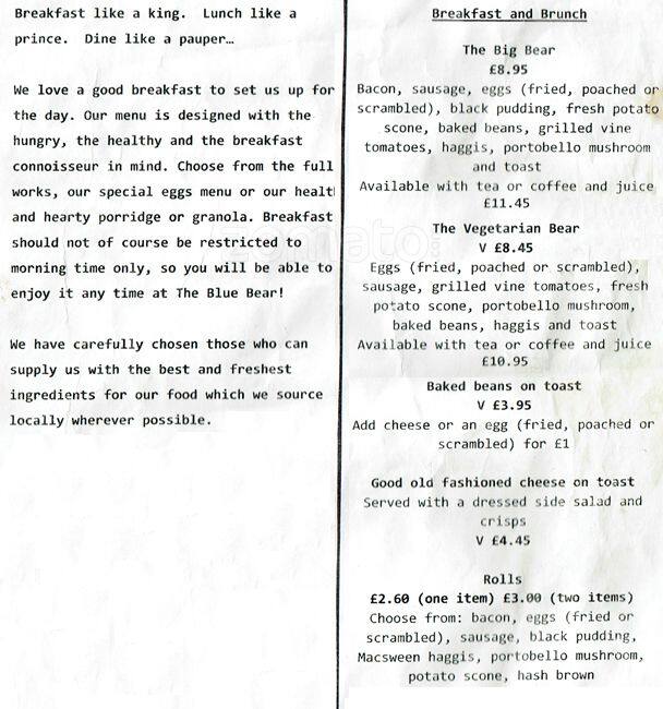 Menu at The Blue Bear Cafe, Edinburgh