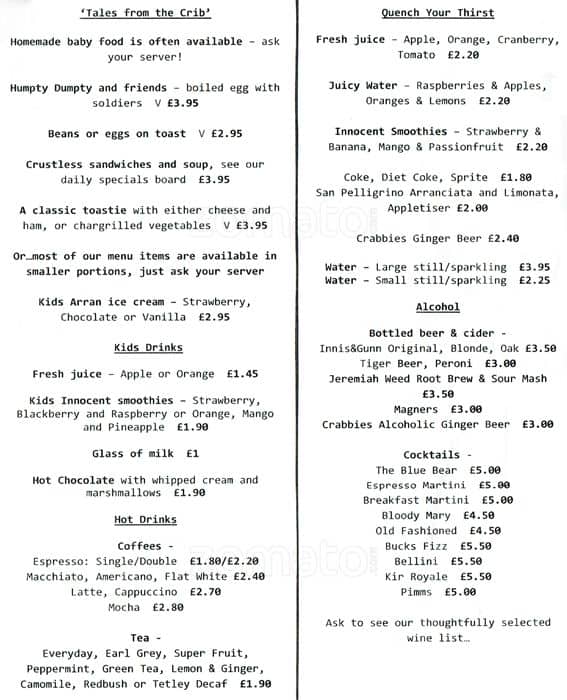 Menu at The Blue Bear Cafe, Edinburgh