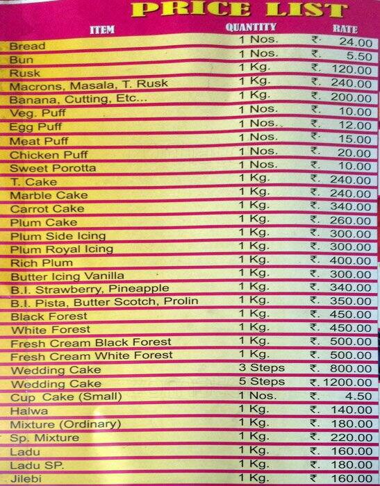 Menu at New Usha Bakery, Kochi, W8VP+F37
