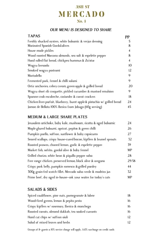 Menu at Mercado restaurant, Sydney