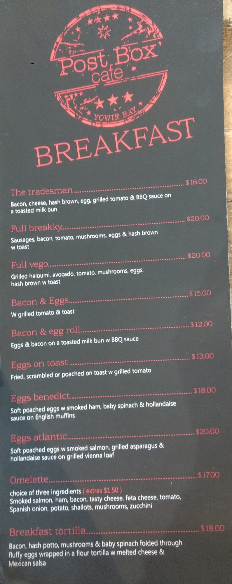 Menu at Post Box Cafe, Yowie Bay