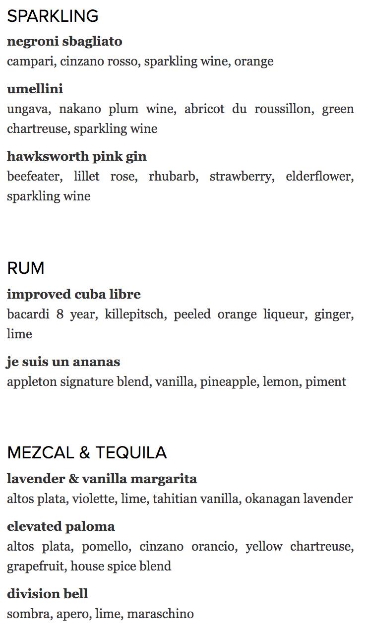 Menu at Hawksworth Restaurant, Vancouver, 801 W Georgia St