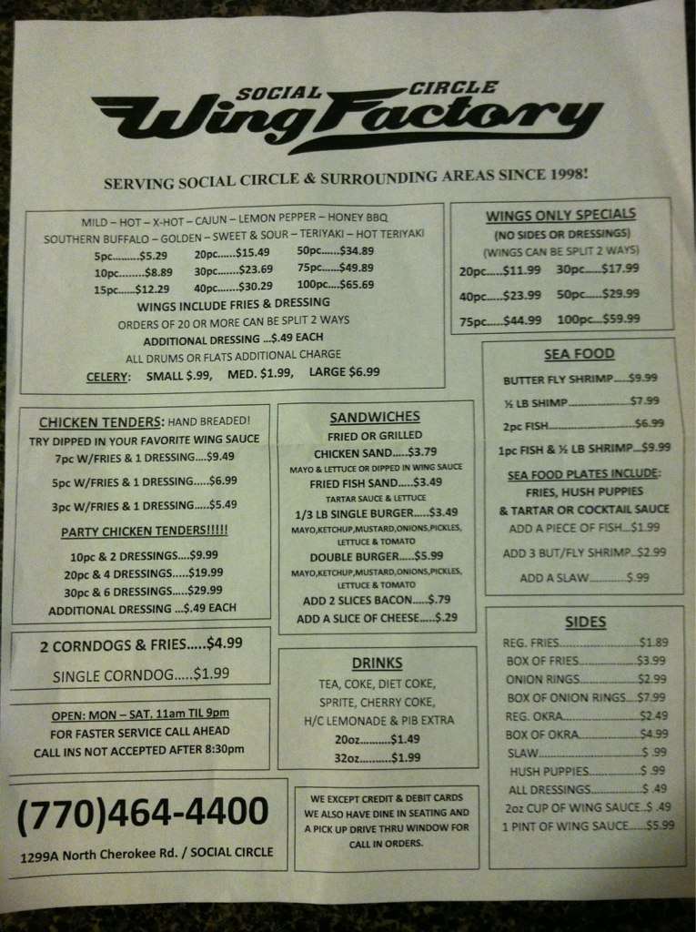Menu at Wing Factory restaurant, Social Circle, N Cherokee Rd