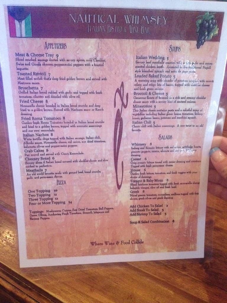 Menu at Nautical Whimsey Italian pub & bar, Tupelo