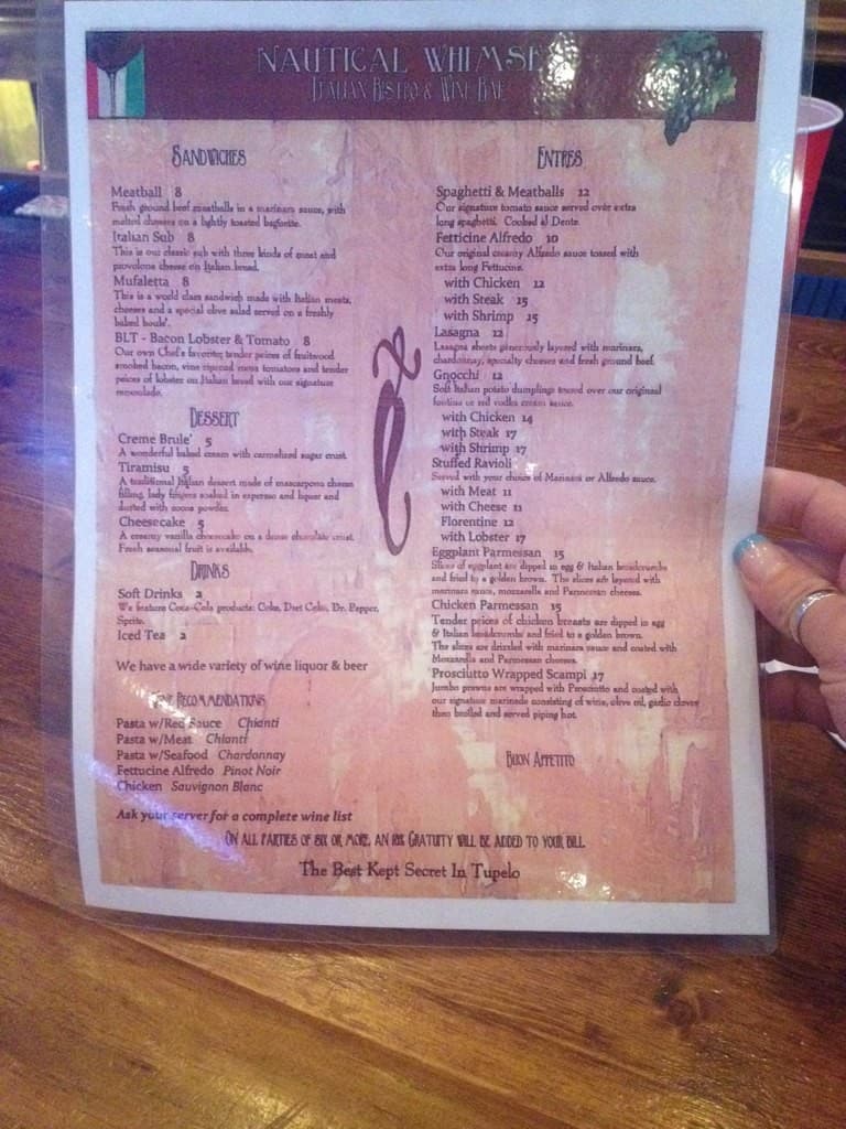 Menu at Nautical Whimsey Italian pub & bar, Tupelo