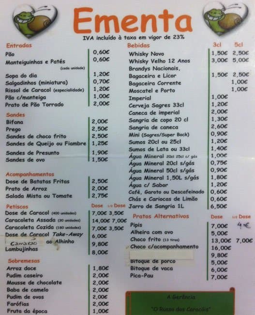 Menu em Russo dos Caracóis restaurante, Setúbal, Av. Luísa Todi N229