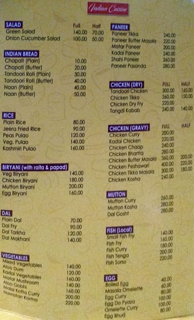 Menu of The Kurrypot, Chandmari, Guwahati
