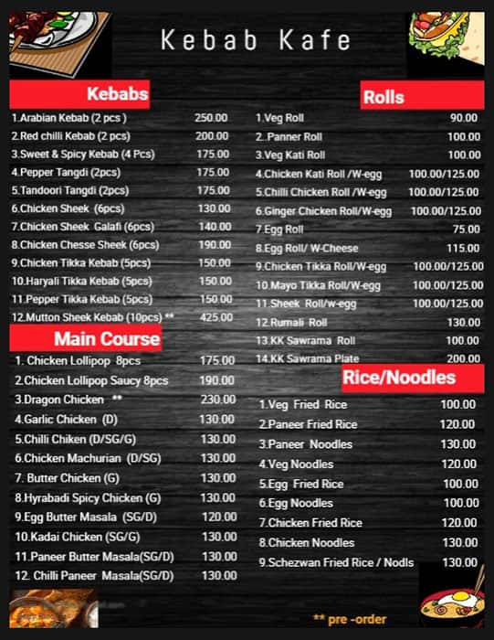 Menu of Kebab Kafe, Perambur, Chennai