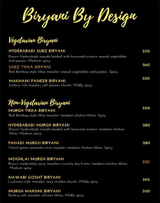 Menu at Biryani By Design, Mumbai