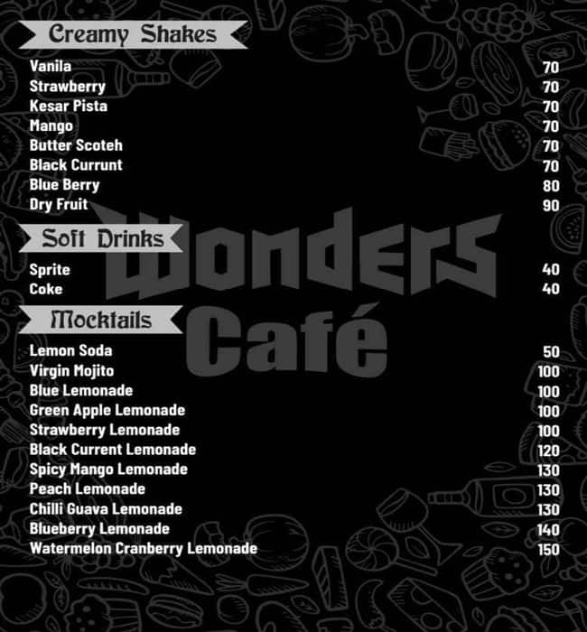 Menu at Wonders Café, Navi Mumbai