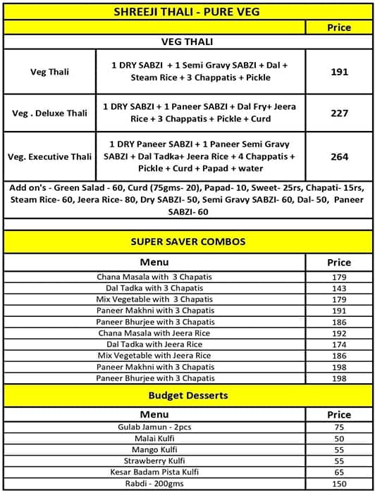 Menu of Shreeji Thalis - Pure Veg, 4 Bungalows, Mumbai