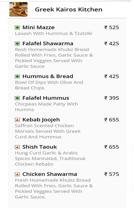 Menu of Kairos Cookhouse And Grill, Sector 56, Gurgaon